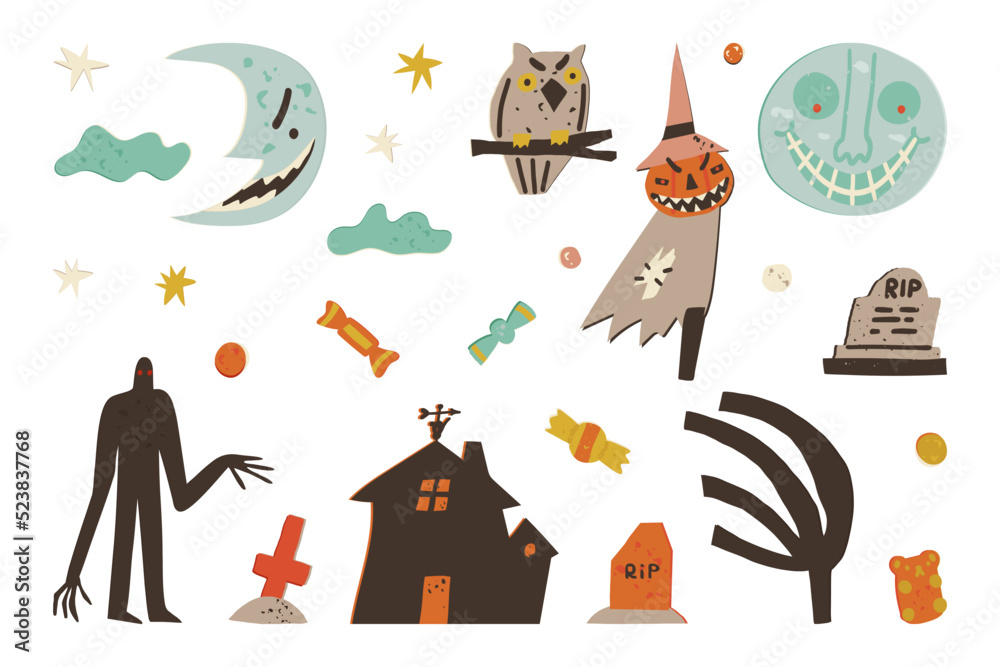 Halloween exterior clipart. Spooky monster, graves, empty ghost house ...