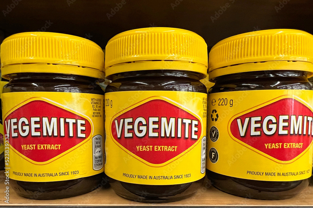 Oakland, CA - July 1, 2022: Grocery store shelf with jars of Vegemite ...