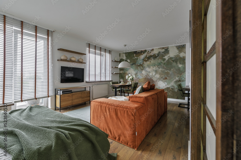 Modern Japandi interior design appartment in earth tones, natural ...