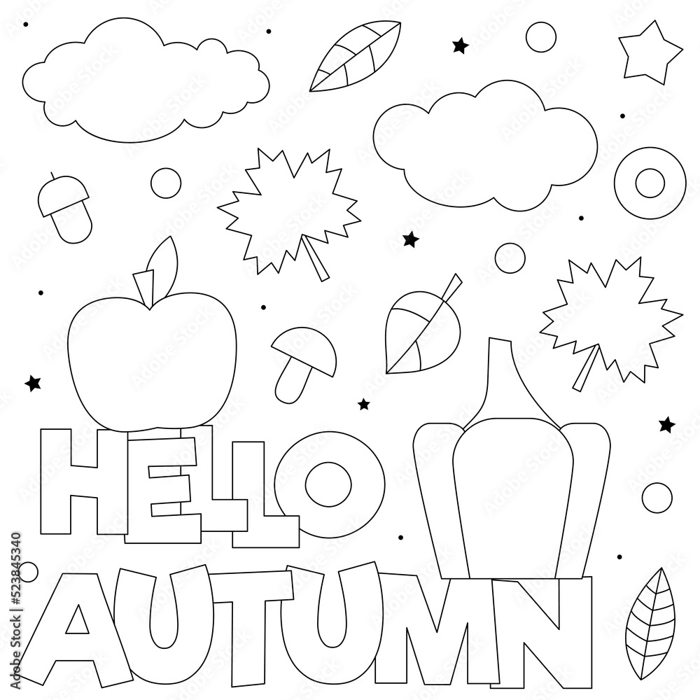 Hello Autumn. Coloring page. Black and white vector illustration. Stock ...
