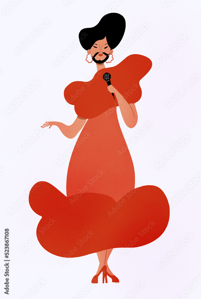 Drag queen performing with a microphone and wearing red dress Stock ...