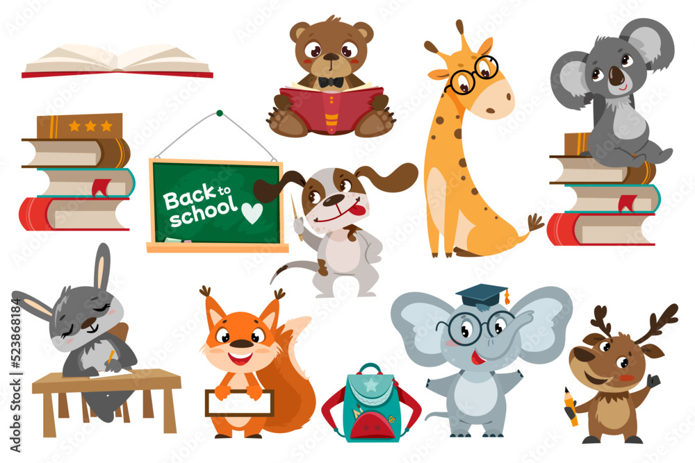 Set of school animals. Funny cartoon pupil characters writing, studying, reading books. Cute dog ...