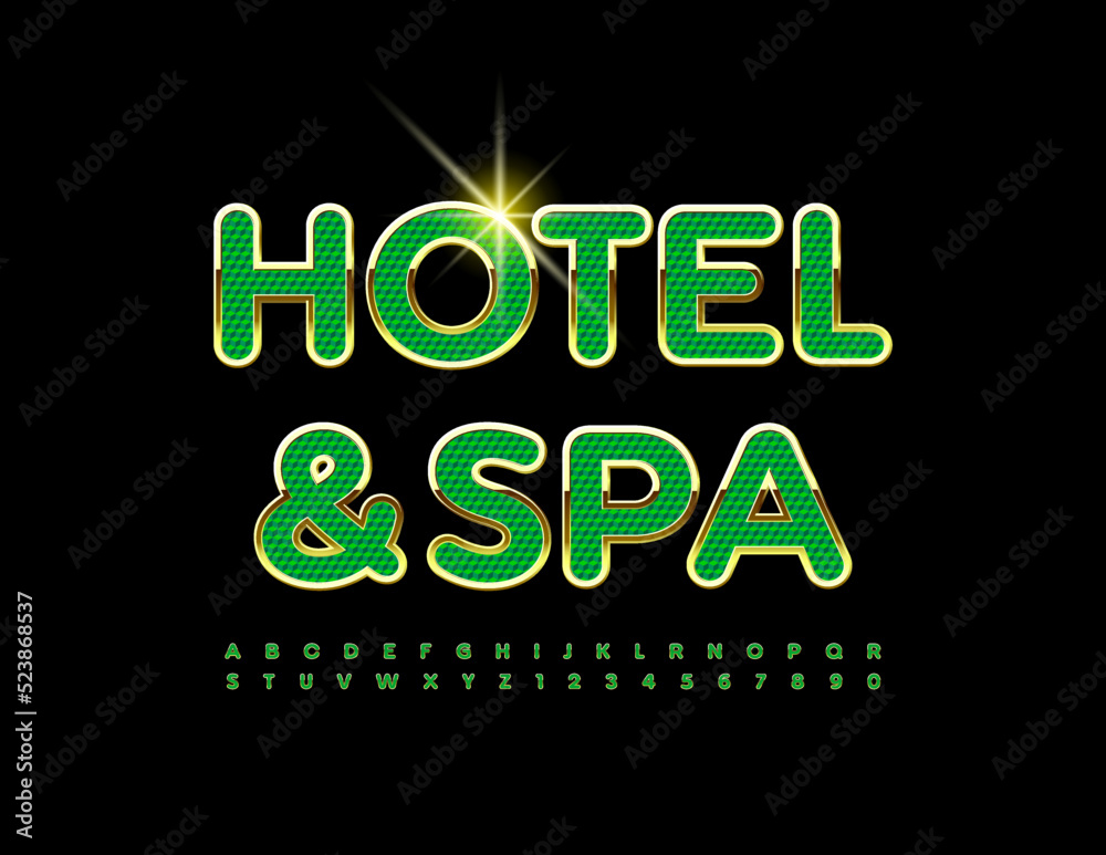 Vector advertising Emblem Hotel and Spa. Green and Golden bright Font ...