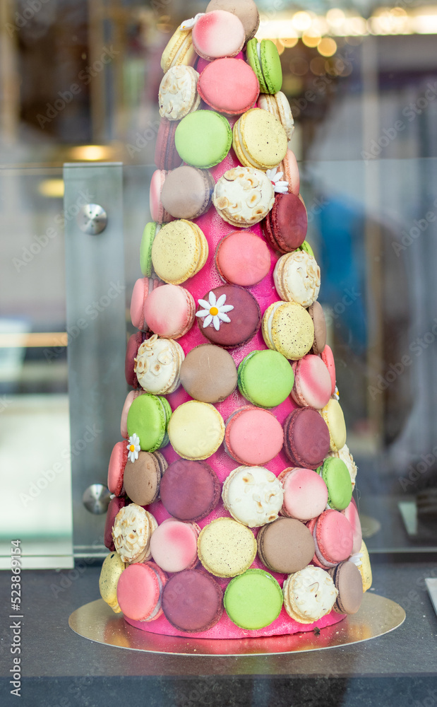 macarons tower for wedding candy bar, patisserie shop presentation ...