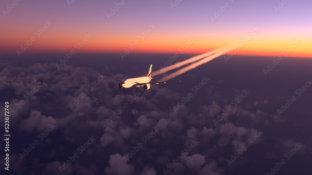 Boeing 777 Emirates flying over amazing sunset, 16 Aug, 2022, New York ...