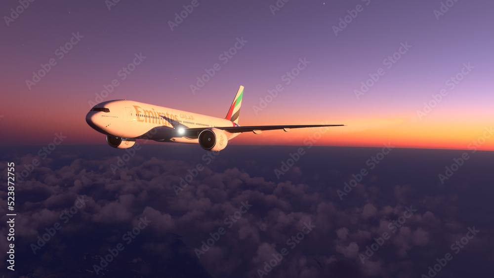 Boeing 777 Emirates flying over amazing sunset, 16 Aug, 2022, New York ...