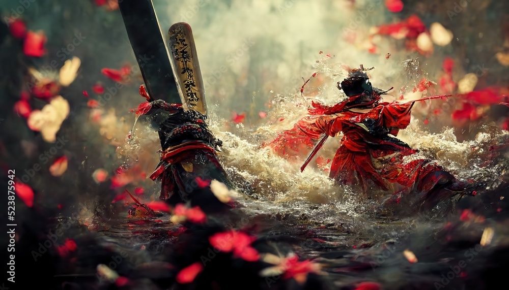 Samurai with a katana on the background of a raging sea, falling sakura ...