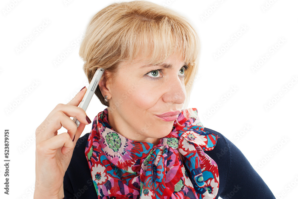 Face portrait of woman expressing disappointment when doing phone call ...