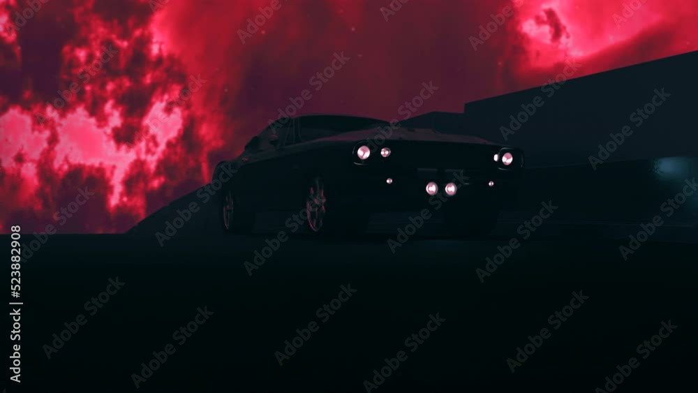 Abstract dark street and driving passenger car on a red apocalyptic sky ...