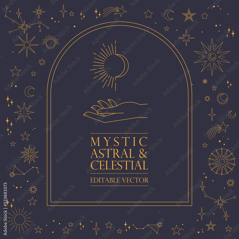 Astral celestial frame with stars, hands, sun, moon phases, and copy ...