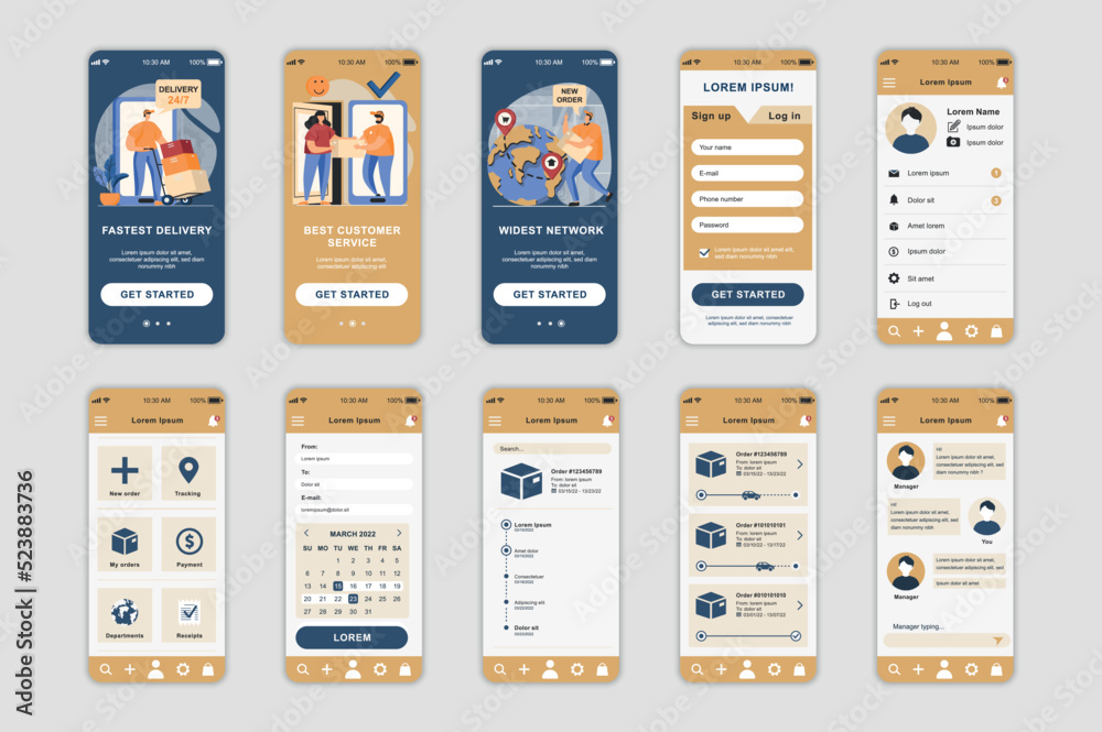 Delivery concept screens set for mobile app template. People use online order and fast shipping ...