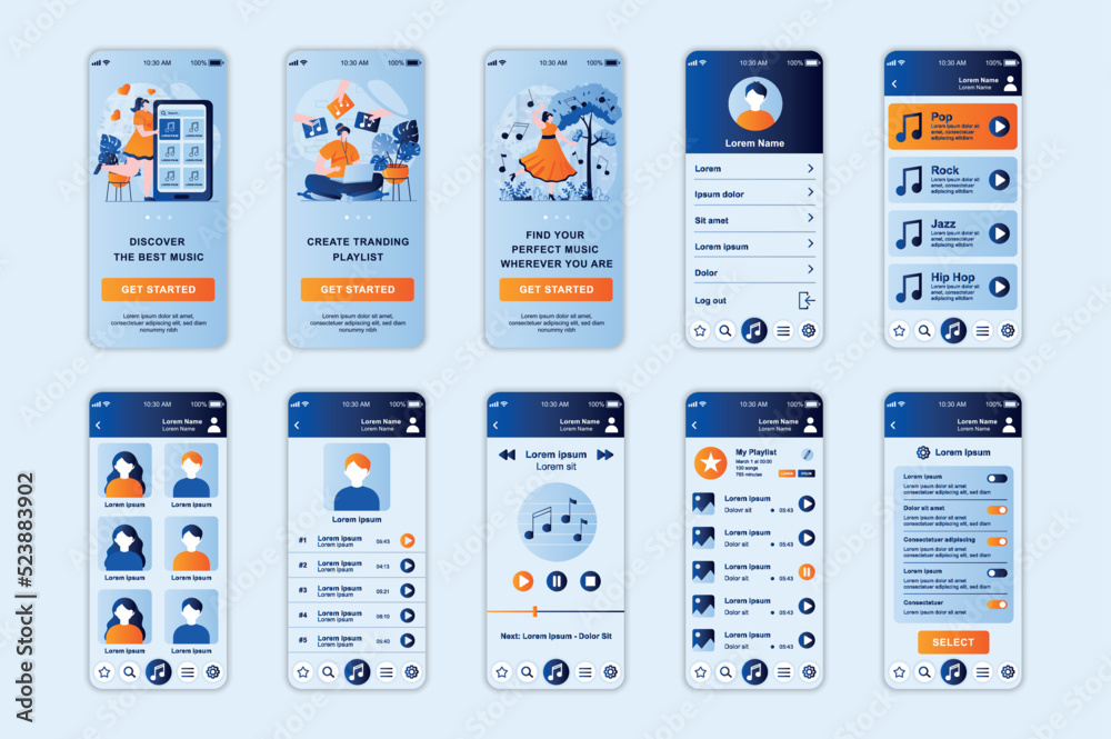 Music Concept Screens Set For Mobile App Template People Listen To