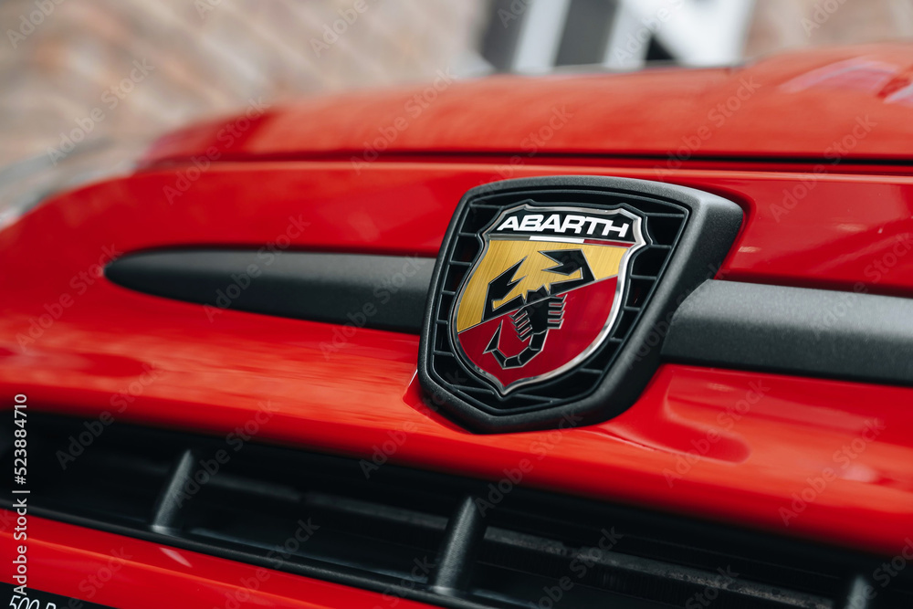 Milan, Italy - June 2022: Abarth logo on the sports car hatchback Fiat ...