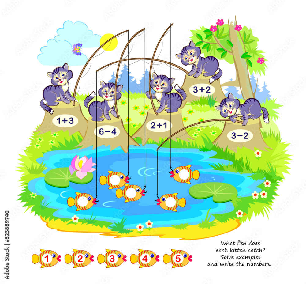 Math education for children. What fish does each kitten catch? Solve ...