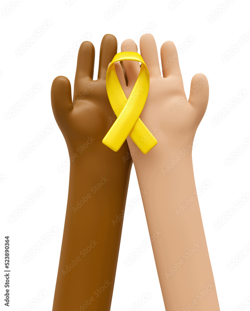 Hands with yellow awareness ribbon in 3d render Stock Illustration ...