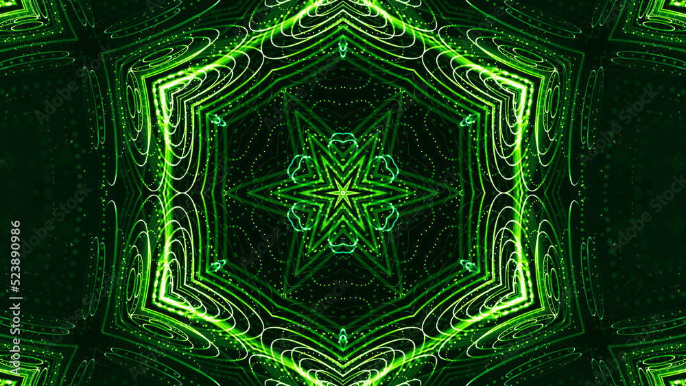 3d render. Green motion design background with symmetrical star pattern ...