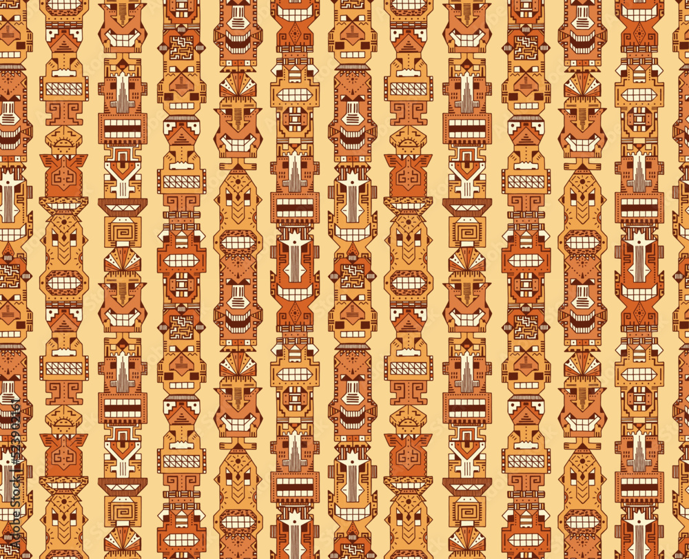 Vector Seamless pattern of Tribal Polynesian Tiki Masks. Hand Drawn ...