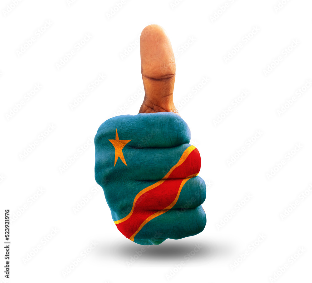 Thumbs up painted in Congolese flag colors isolated on white background ...