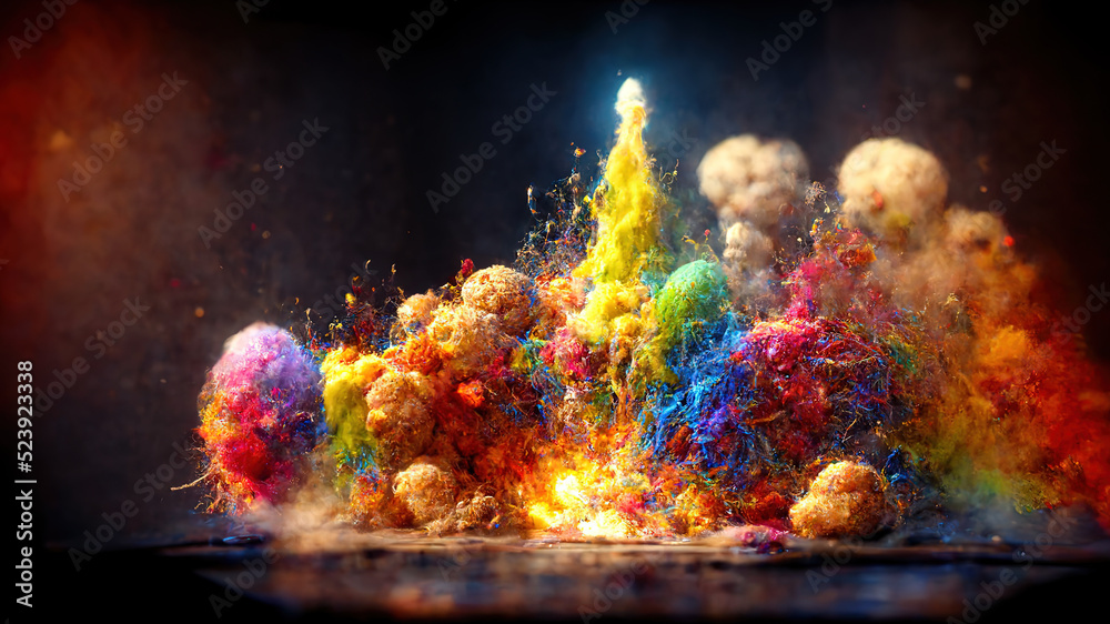 Vibrant explosion of blue and yellow and red powders, capturing dynamic ...
