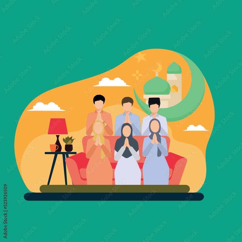 Simple Vector illustration drawing of big Muslim family gathered ...