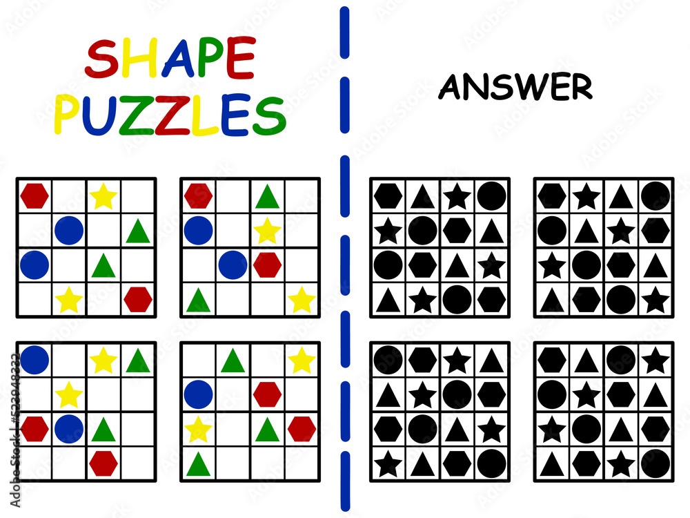 Shape sudoku set with answer vector illustration. Funny childish logic ...