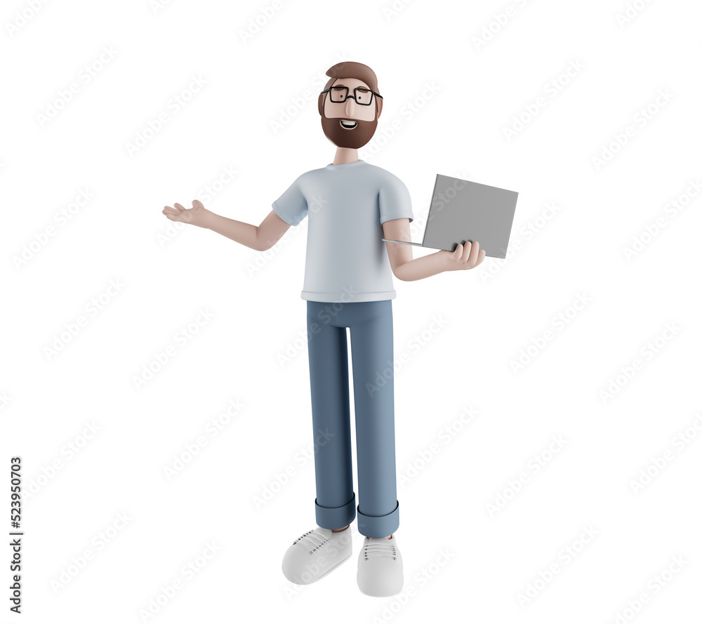 3D illustration of standing happy man holding laptop. Close up portrait ...