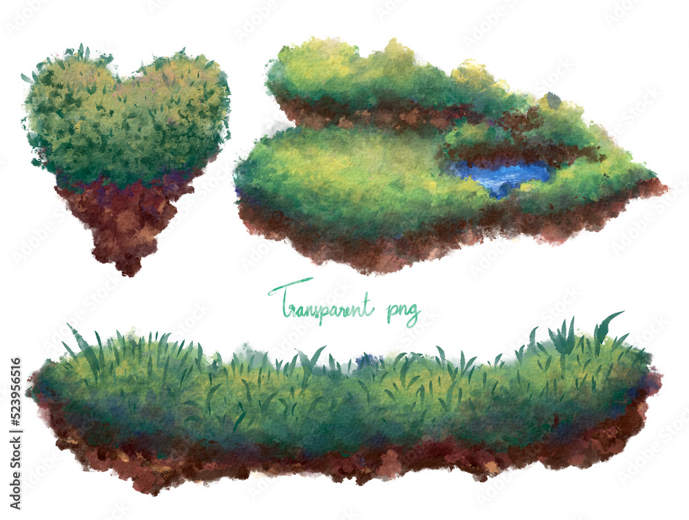 Green grass field on the rock base watercolor illustration isolated ...