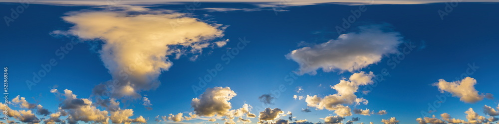 Dark blue sunset sky panorama with Cumulus clouds. Seamless hdr pano in ...