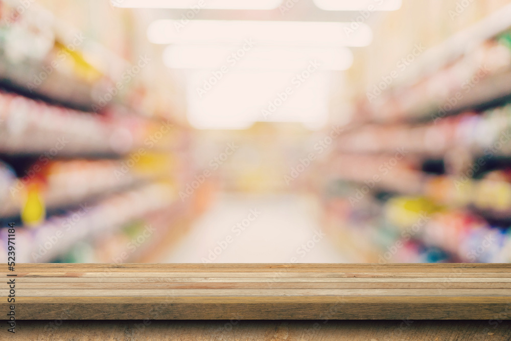 Wood table top on blurred background from shopping mall, Space for ...
