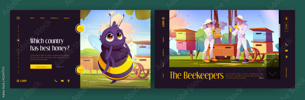 Beekeeping landing page vector templates. Cartoon illustration of male ...