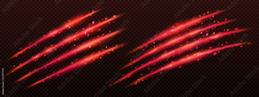 Sparkling monster claw mark scratches, red glowing wild animal traces ...