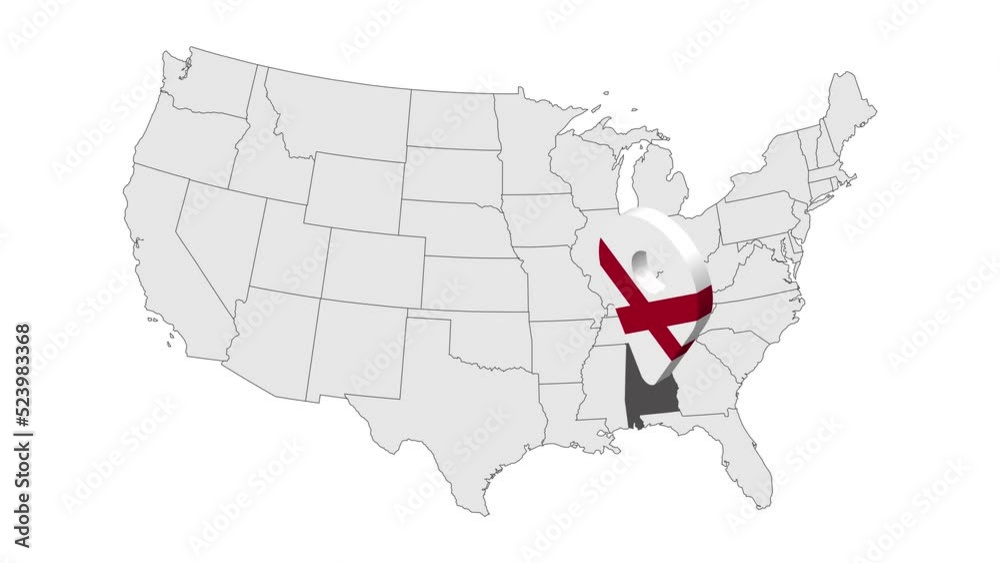 Location State of Alabama on map USA. 3d State Alabama flag map marker ...