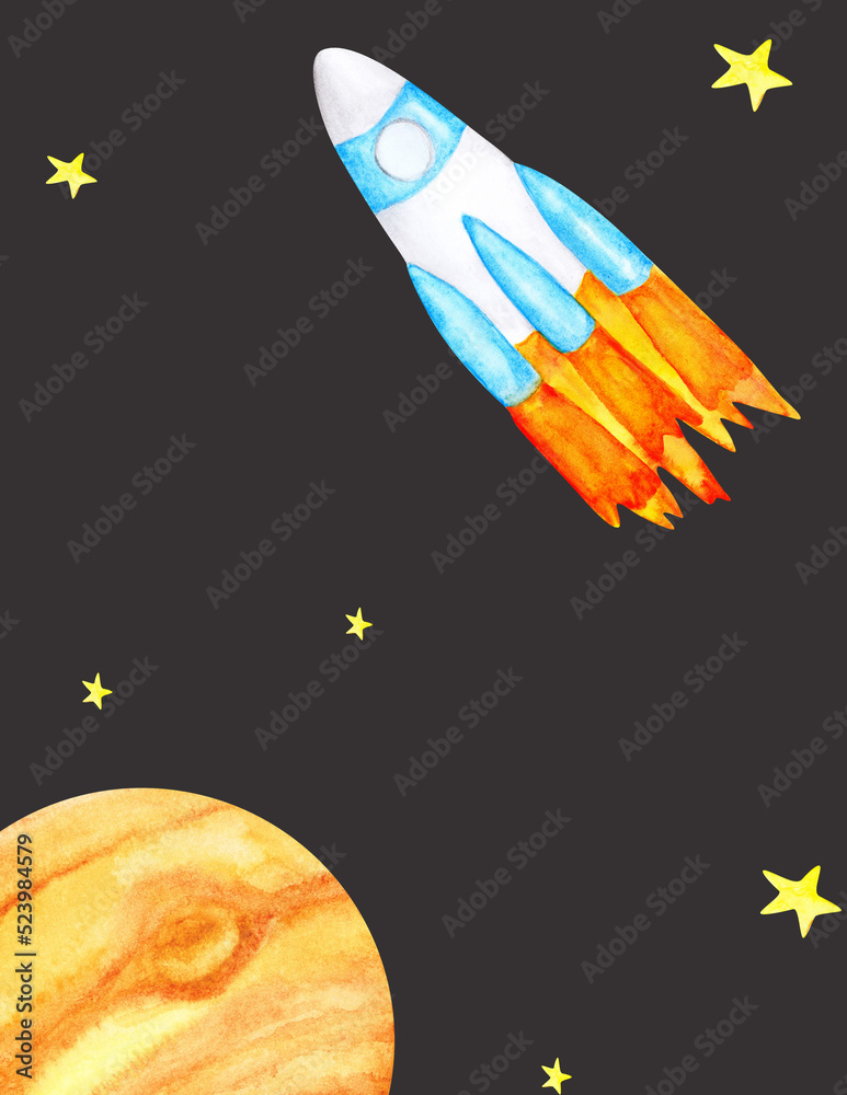 Watercolor space illustration on a black background. Planet of the ...