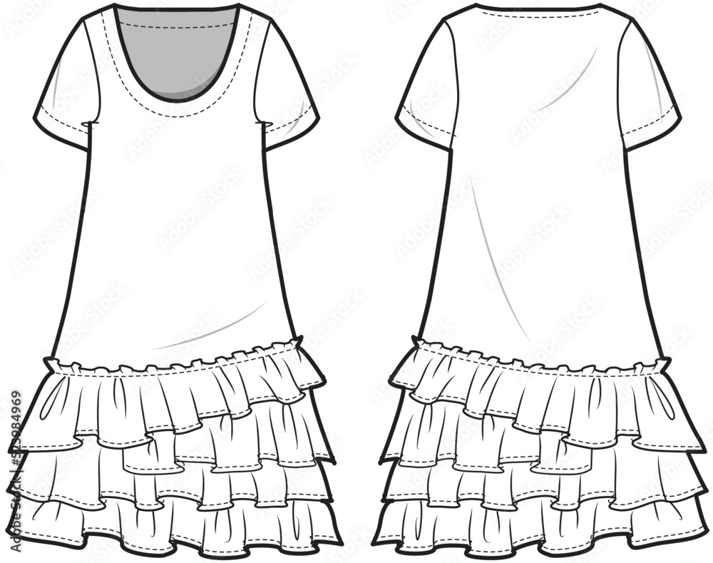 U-neck Short Sleeve Shift Dress with Ruffle Layered Hem, Shift Frill ...