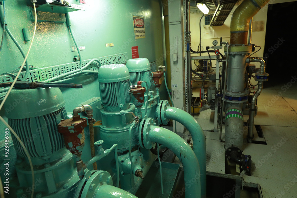 Cruise ship engine room interior with water tight doors electrical and ...