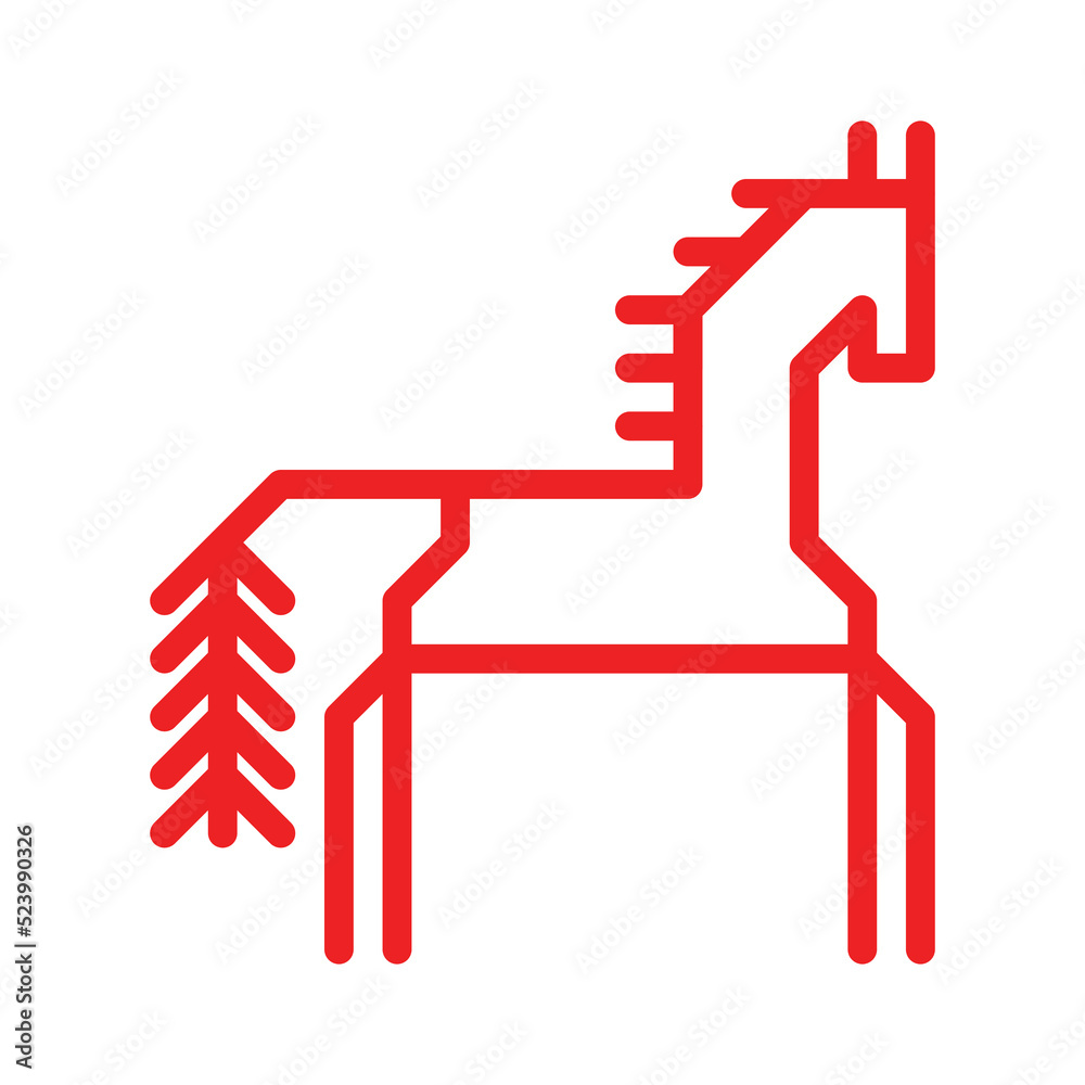 Vector ornamental concept has red simple symbol of horse. Outline icon ...