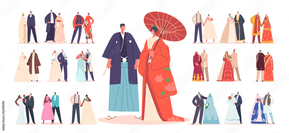 Set of Traditional Couples, Newlyweds Men and Women Celebrate Wedding ...