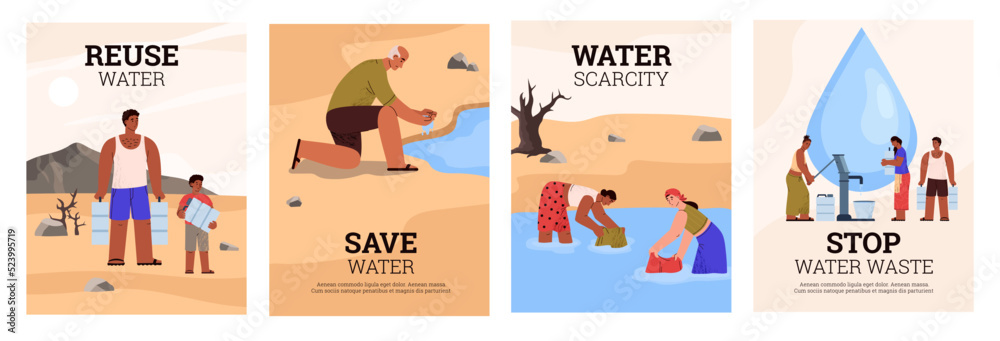 Water scarcity and water deficiency problem banners, flat vector ...