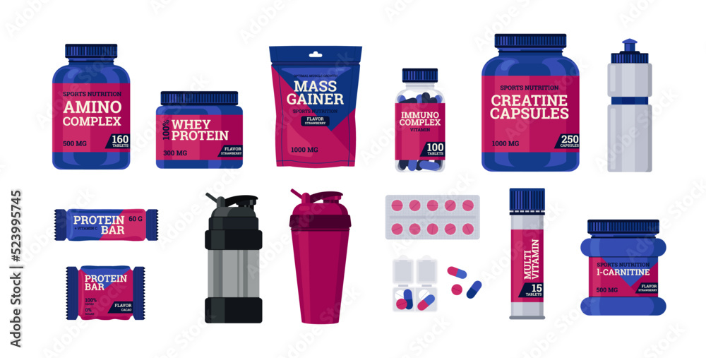 Sport supplements set, protein powder jar and shaker caps, flat vector ...