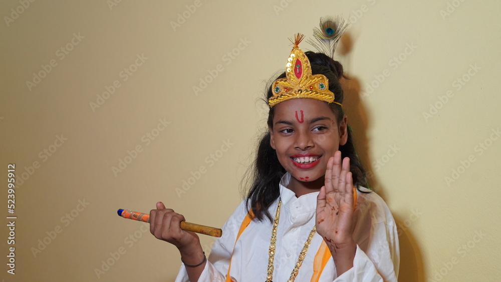 Cute little Rajasthani girl child dressed as Lord Sri Krishna on the ...