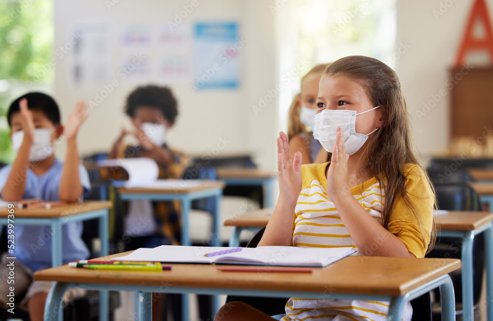 Safety, compliance and education in classroom at school with students ...