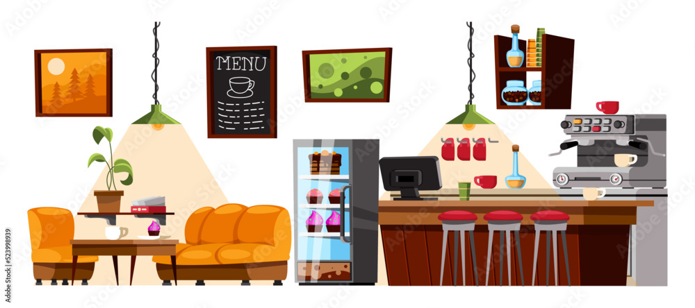 Cozy coffee shop interior cartoon illustration set. Modern restaurant ...