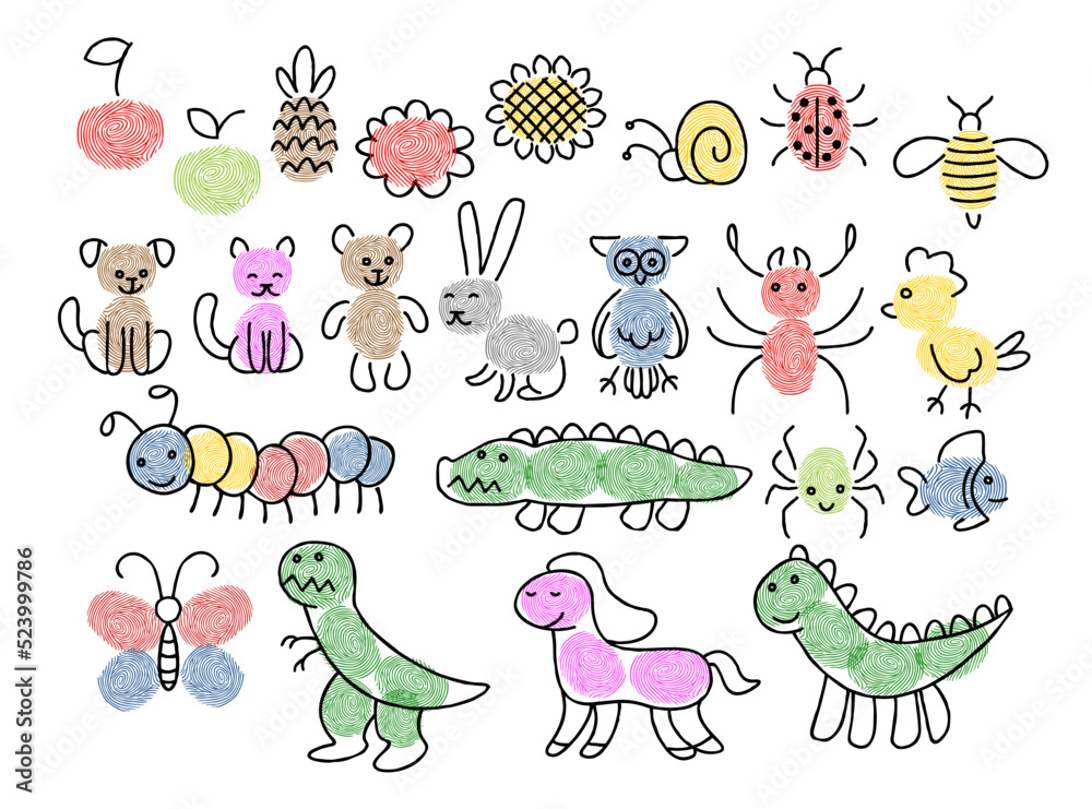 Various fingerprint ides for kids cartoon illustration set. Painting ...