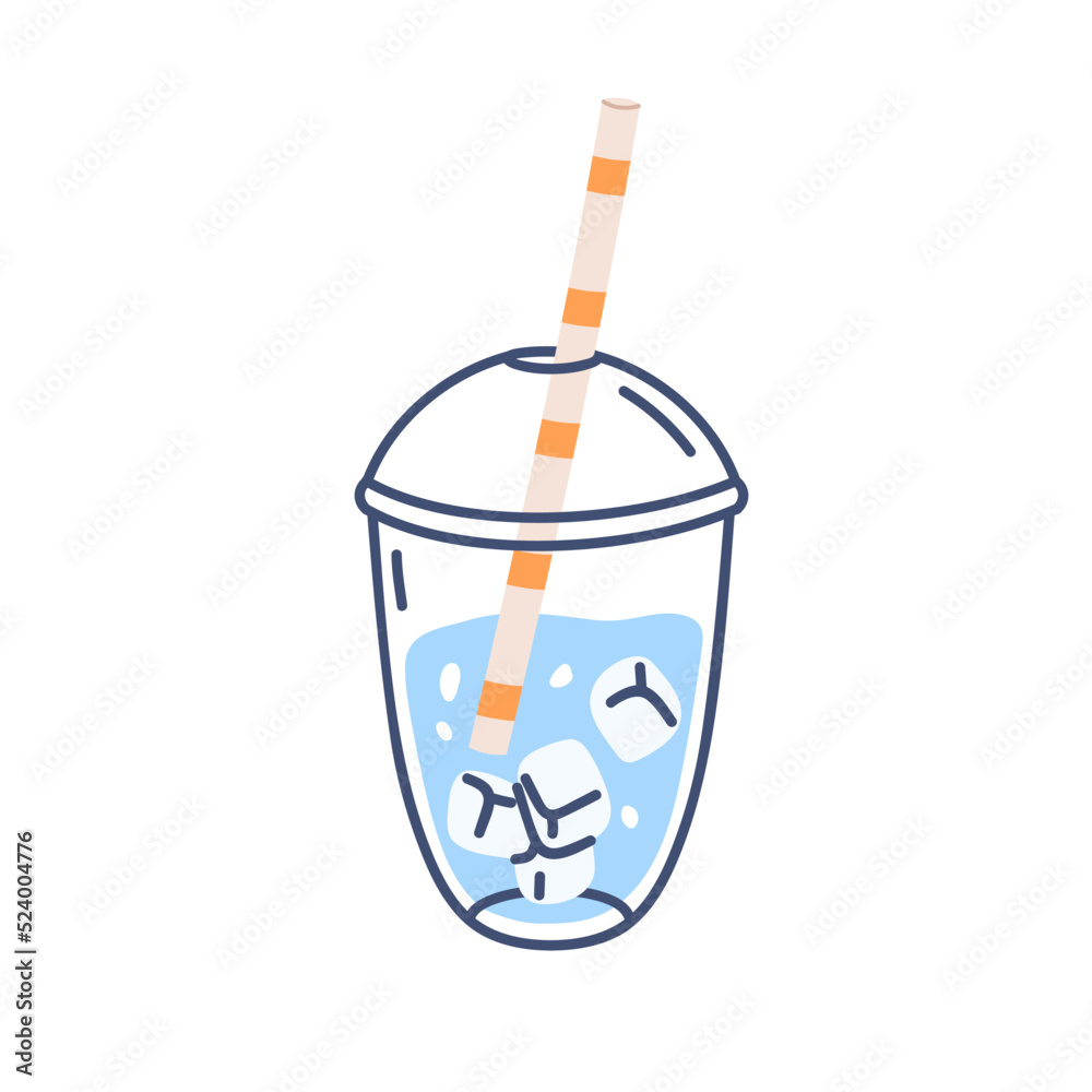 Water with ice cubes, straw in takeaway plastic glass with lid. Clean ...