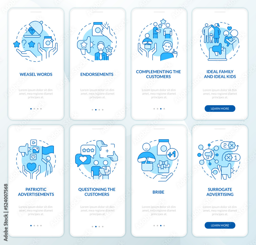 Advertising Strategies Blue Onboarding Mobile App Screen Set Walkthrough 5 Steps Editable