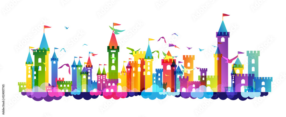 Kids imagination castle. Colorful childhood fantasy fort with rainbow ...