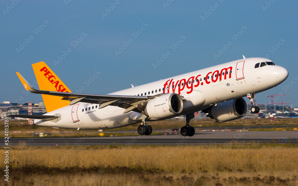 Pegasus Airlines Airbus A320neo Rotating Takeoff On Startbahn West Frankfurt Airport Germany