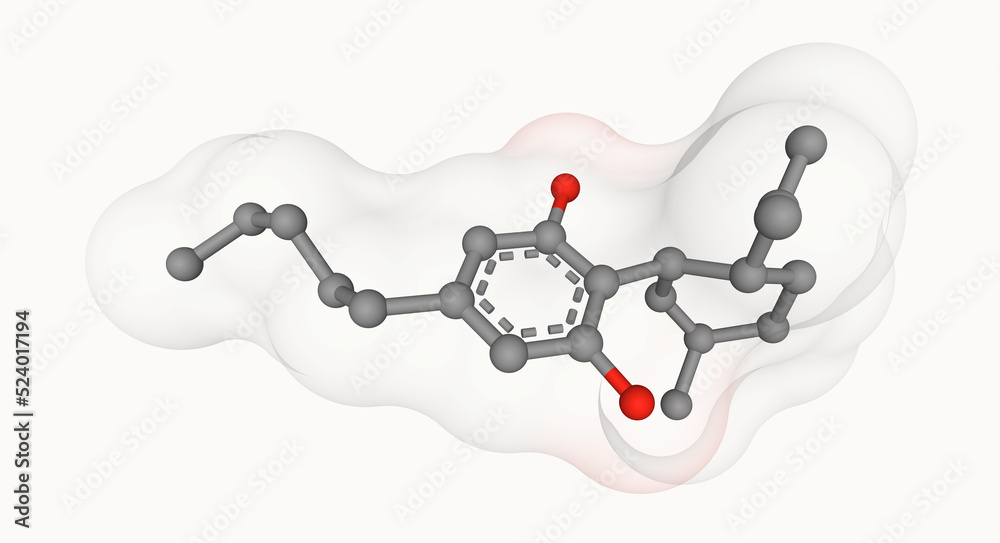 A cannabidiol (CBD) molecule rendered in 3D as ball-and-stick model ...