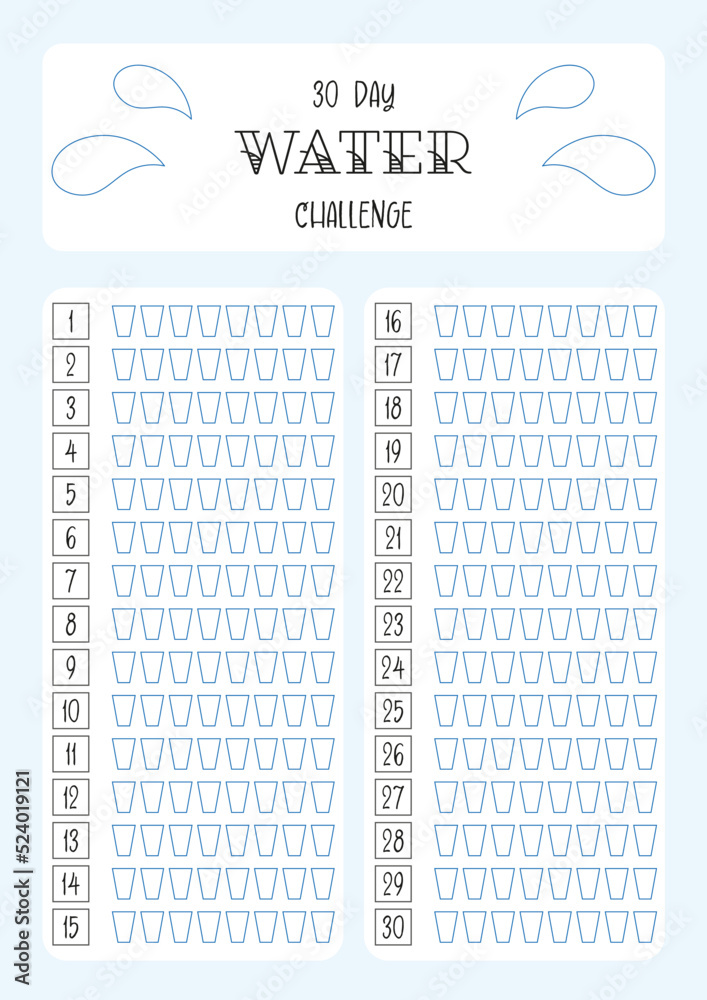 30 day water challenge tracker. Printable template. Vector illustration ...