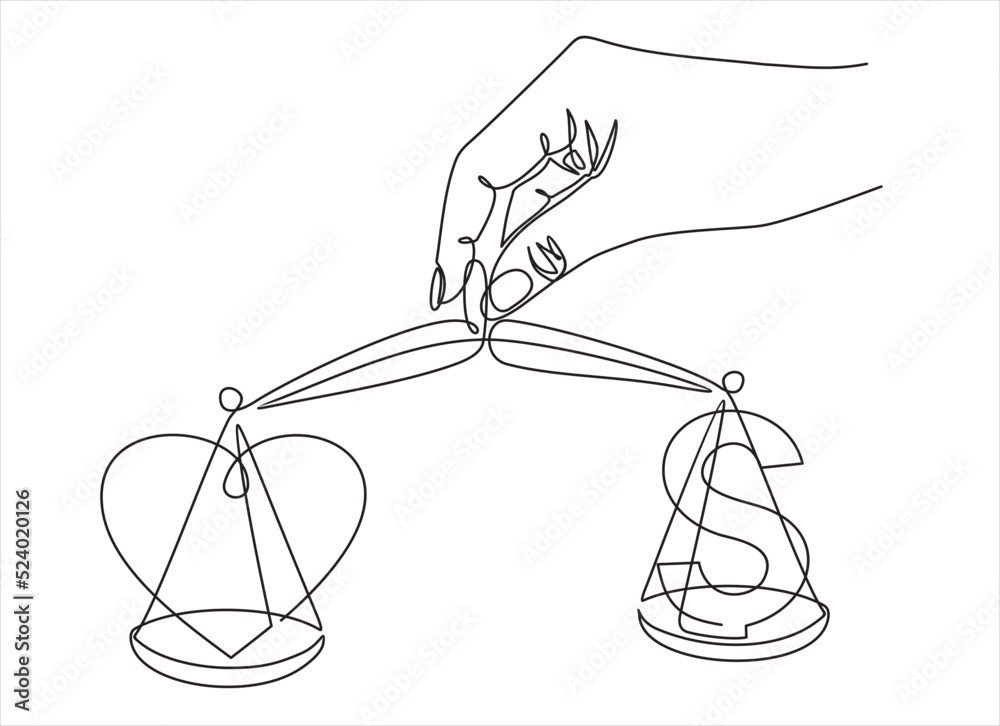 One single line drawing of hand holding weight scale with dollar sign ...